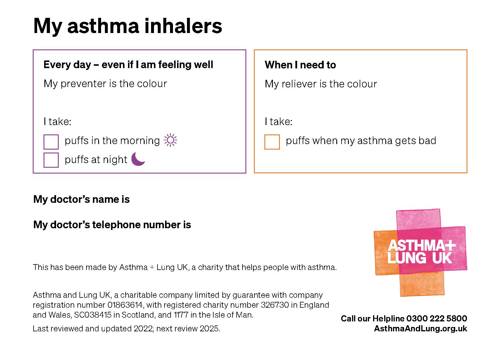 My Asthma Inhalers card (Easy Read) – Asthma + Lung UK