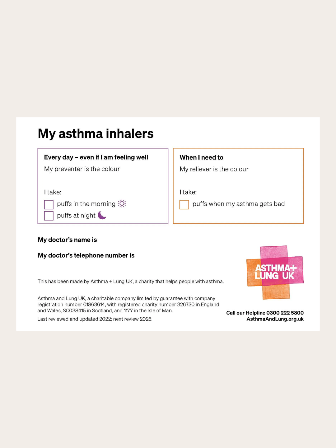 My Asthma Inhalers card (Easy Read) – Asthma + Lung UK