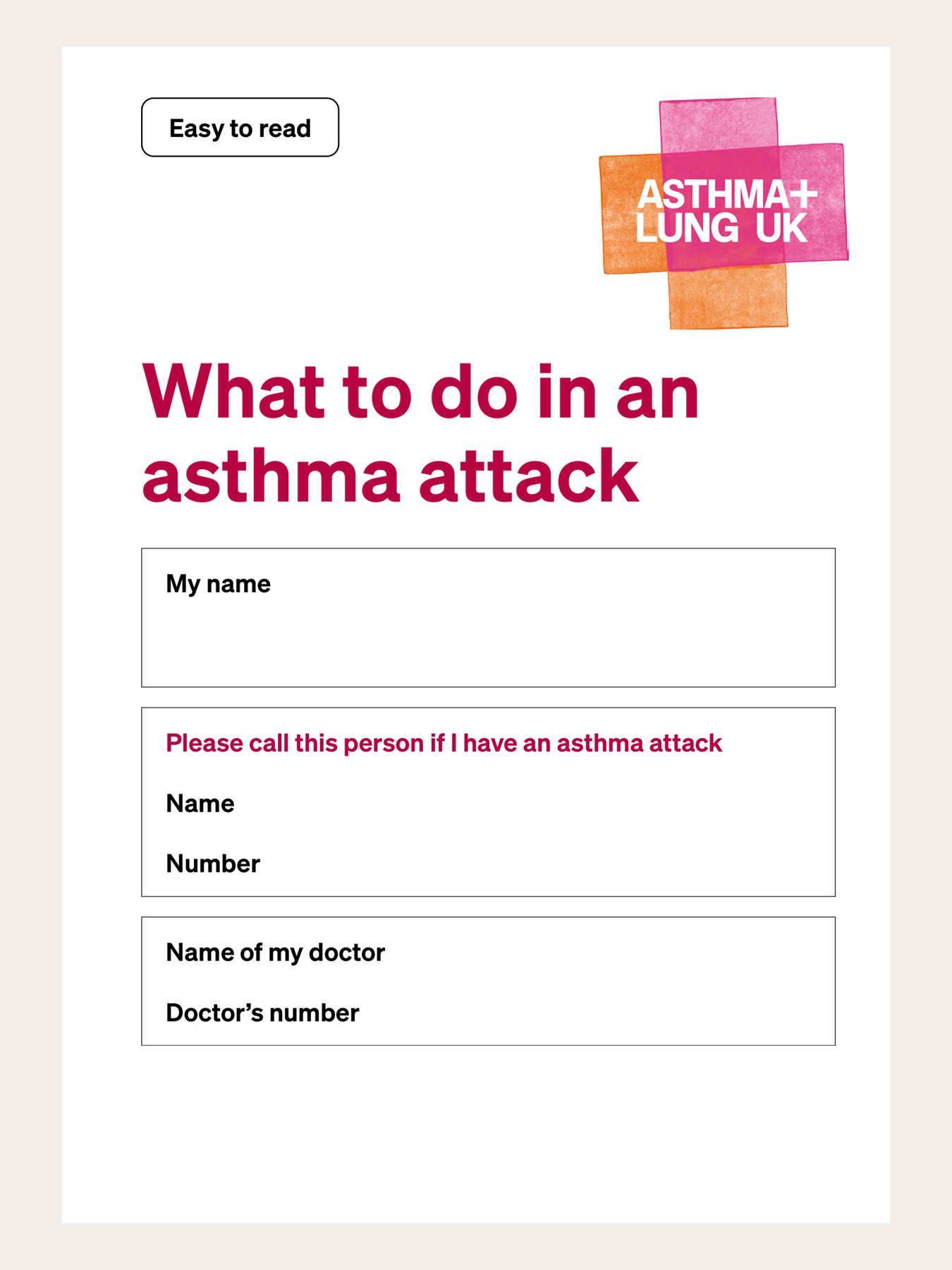 Asthma action plan (Easy Read) – Asthma + Lung UK